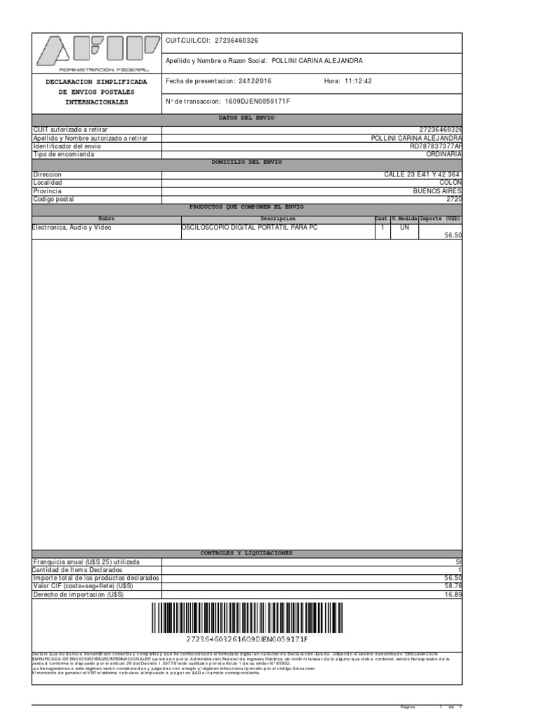 Declaracion Simplificada de Envios Postales Internacionales: Datos Del Envio | PDF | Finanzas y ...