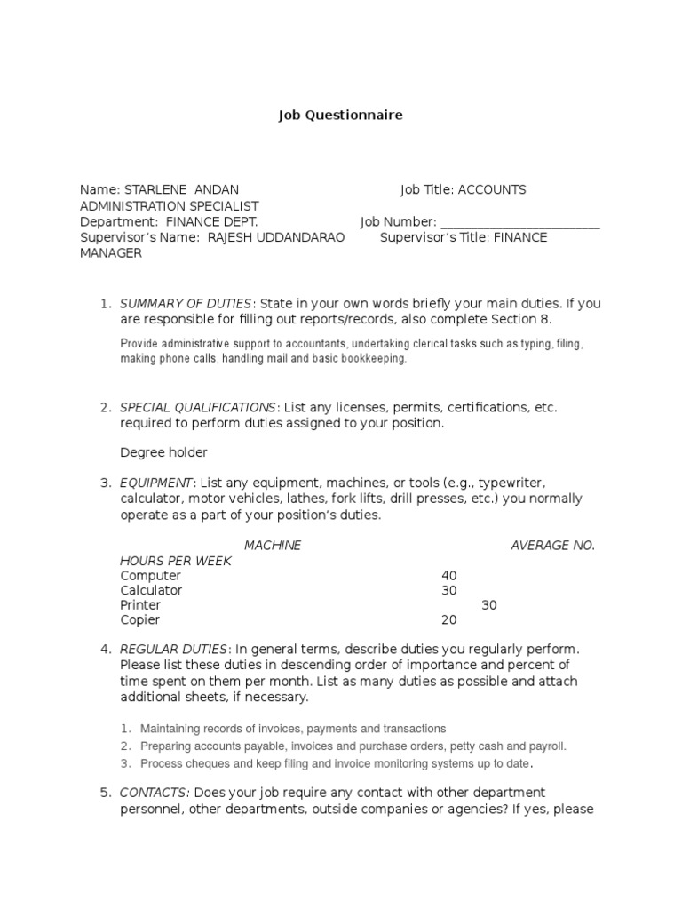 Job Questionnaire | PDF | Accounts Payable | Bookkeeping