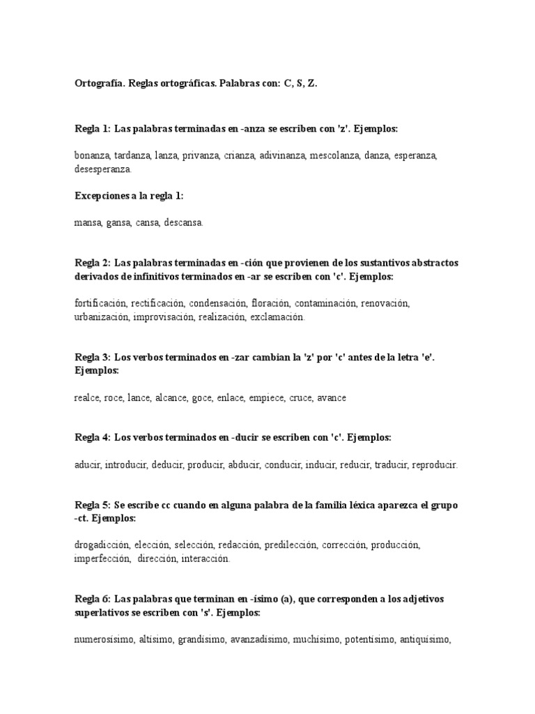 Reglas ortográficas sobre el uso de las letras C, S y Z en palabras ...