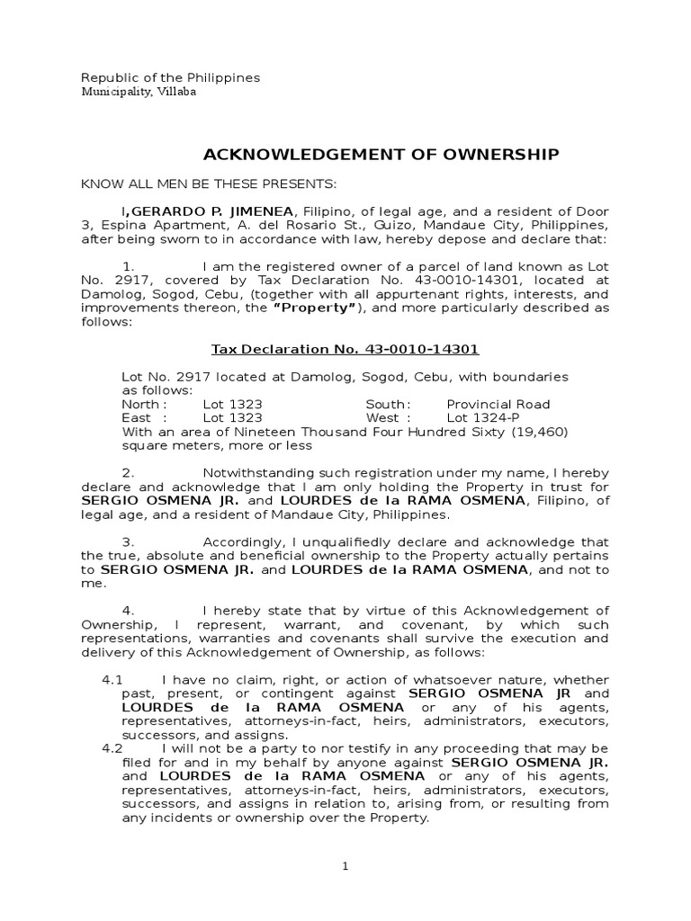 Acknowledgement of Trust and Beneficial Ownership of Property | PDF ...