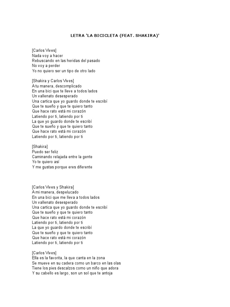 Letra de "La Bicicleta" - Shakira | PDF | Ocio | Entretenimiento (general)