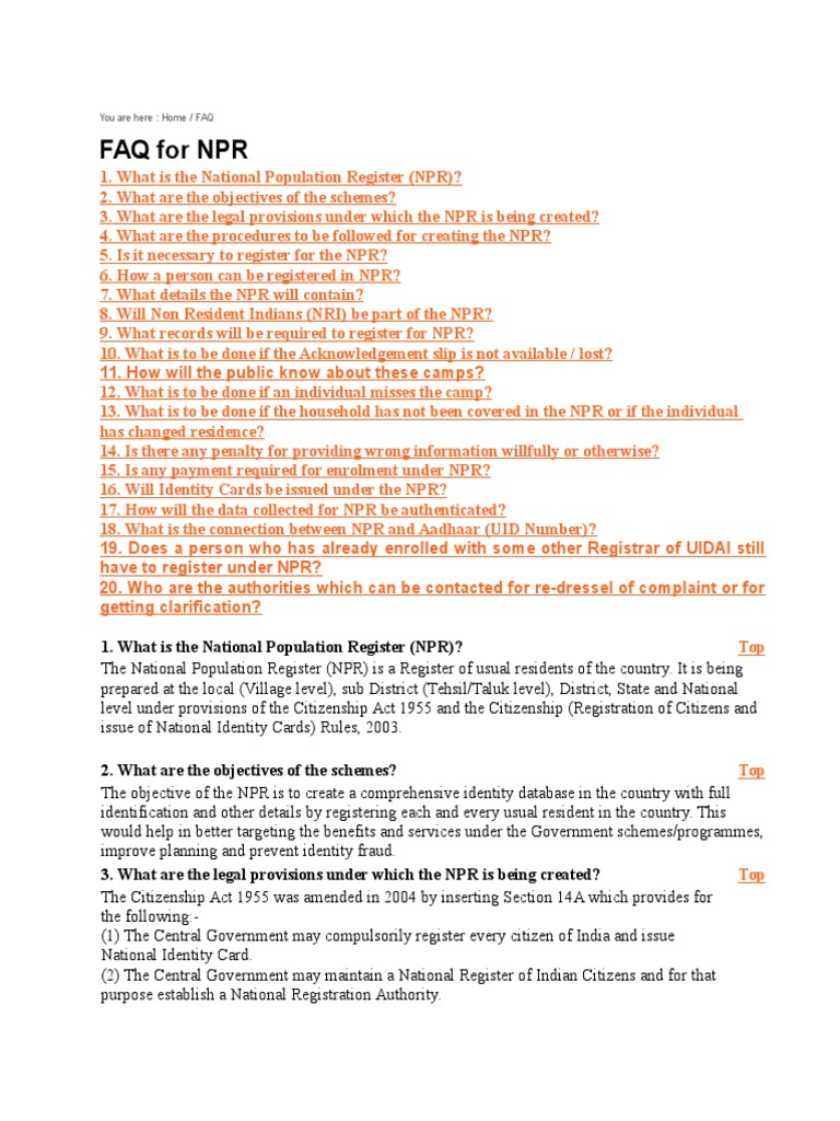 Faq For NPR: 1. What Is The National Population Register (NPR) ? | PDF ...