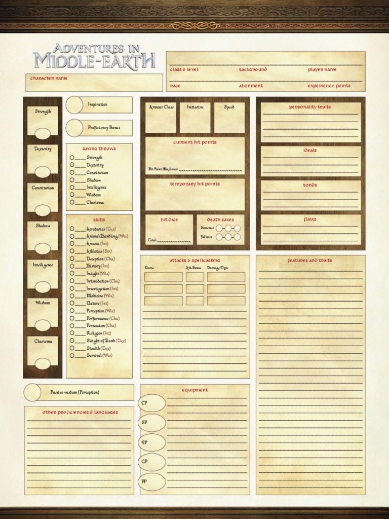 Adventures in Middle Earth Character Sheet