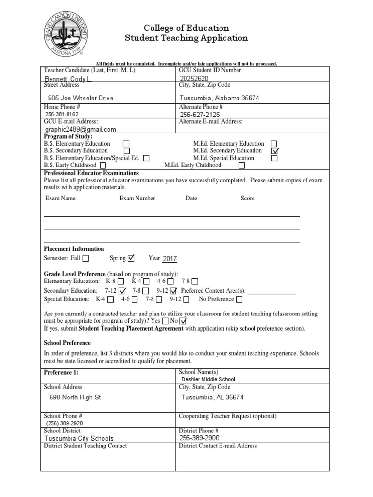 UAB Student Teaching Application Form | PDF | Students | Teachers