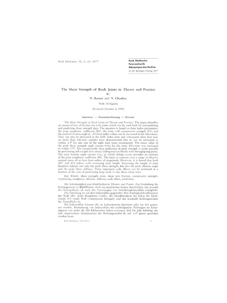 Barton and Choubey-The Shear Strength of Rock Joints. Rock Mechanics ...