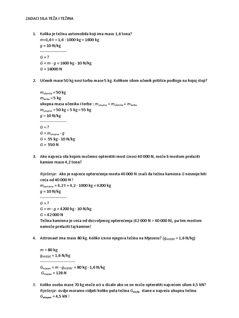 Zadaci Za Vjezbu - Sila Teza I Tezina | PDF