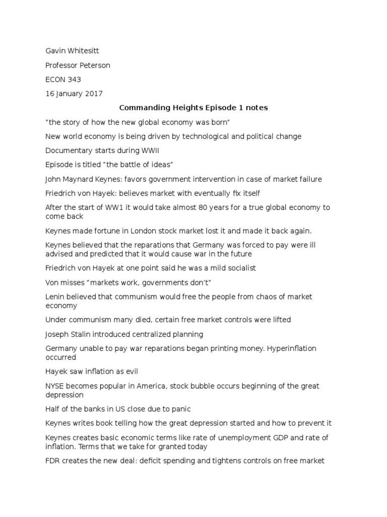 Commanding Heights Notes | PDF | John Maynard Keynes | Friedrich Hayek