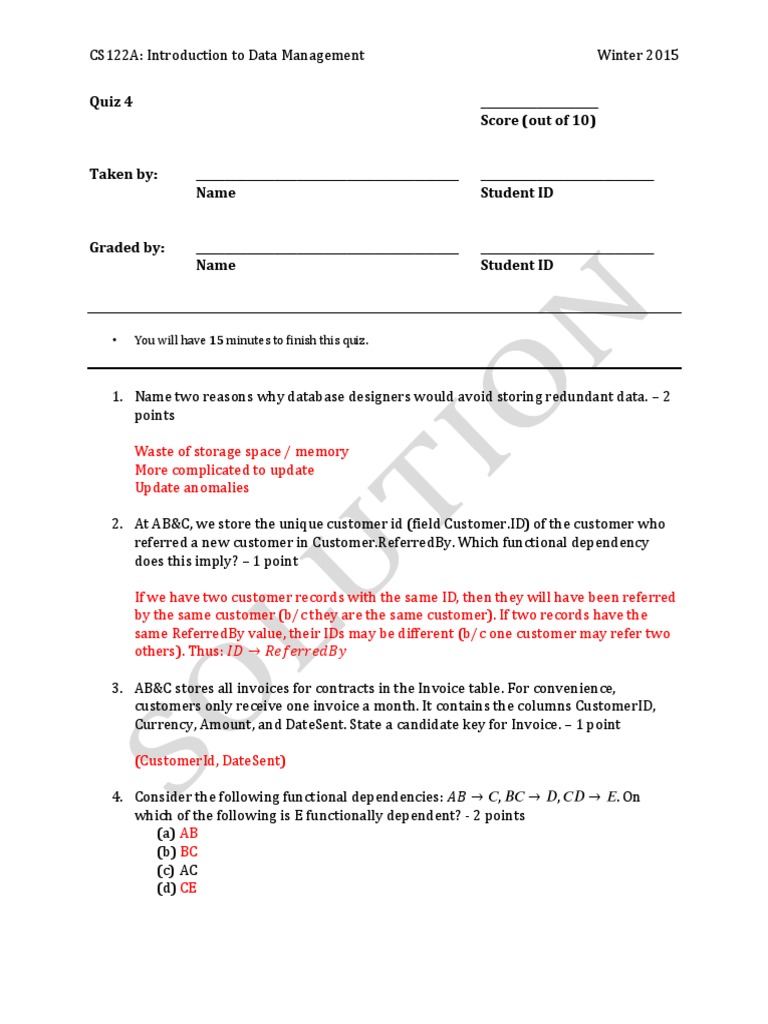 Data Management Quiz CS122A Winter 2015 | PDF | Computer Data | Data ...