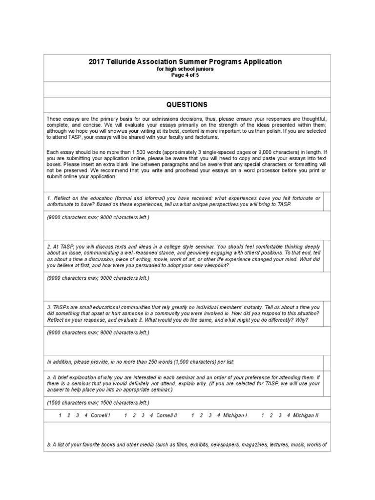 2017 Telluride Association Summer Programs Application | PDF ...