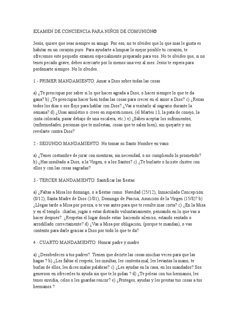 Examen de Conciencia para Niños de Comunión | PDF | Misa (liturgia) | Penitencia