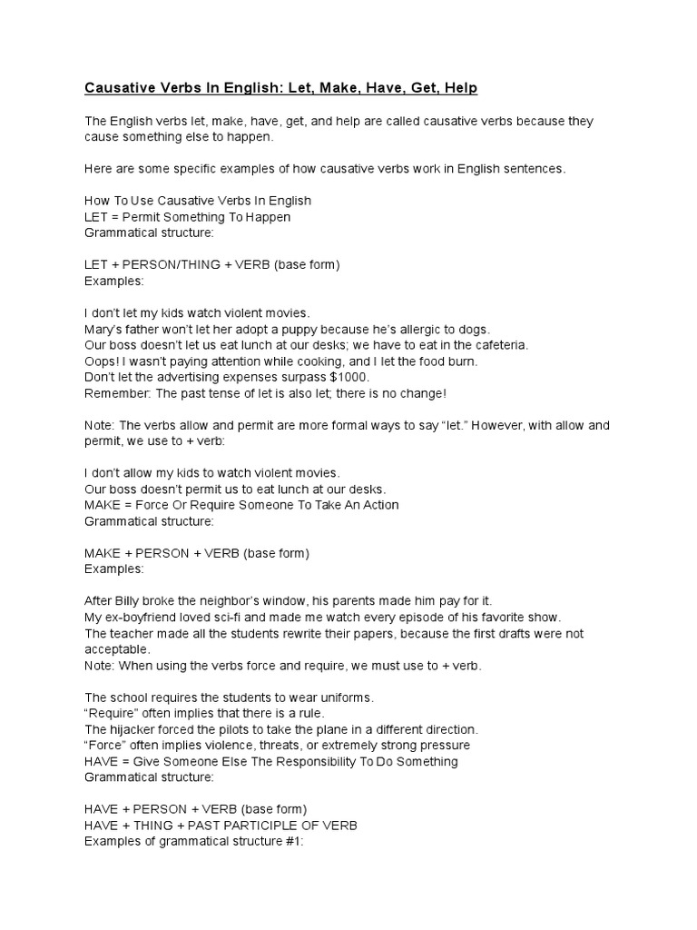 Causative Verbs in English: Let, Make, Have, Get, Help | Download Free ...