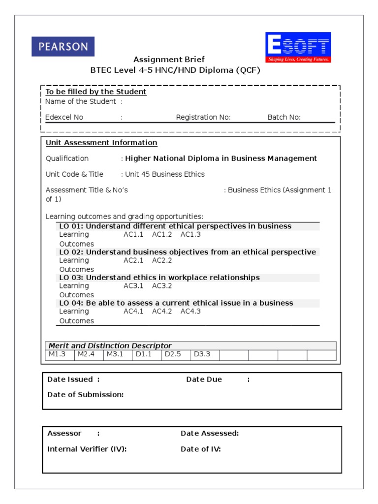 Assignment Brief BTEC Level 4-5 HNC/HND Diploma (QCF) : Merit and ...
