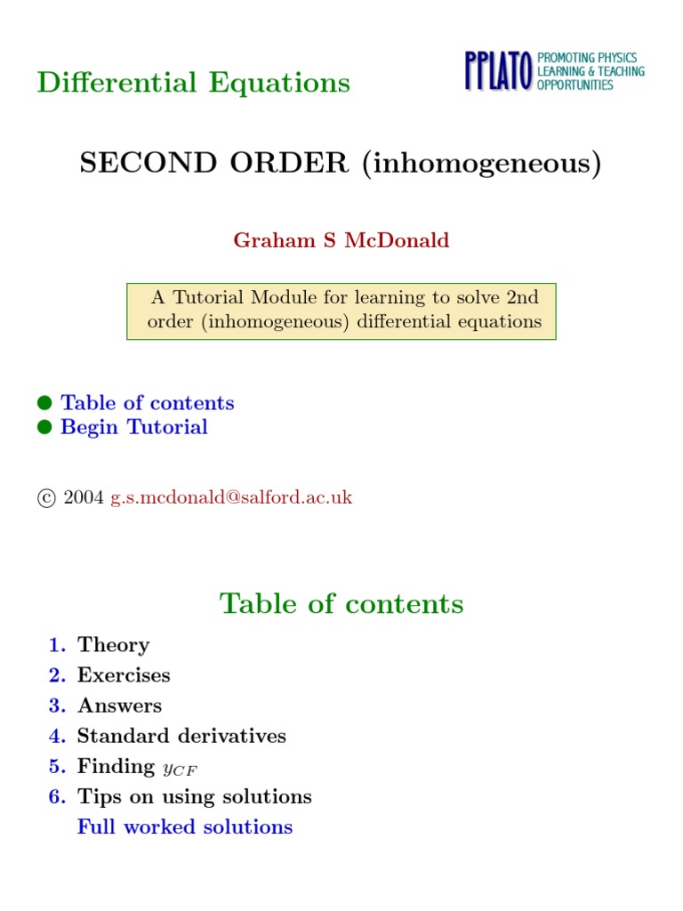 Second Order Inhomogeneous Odes PDF | PDF | Ordinary Differential ...