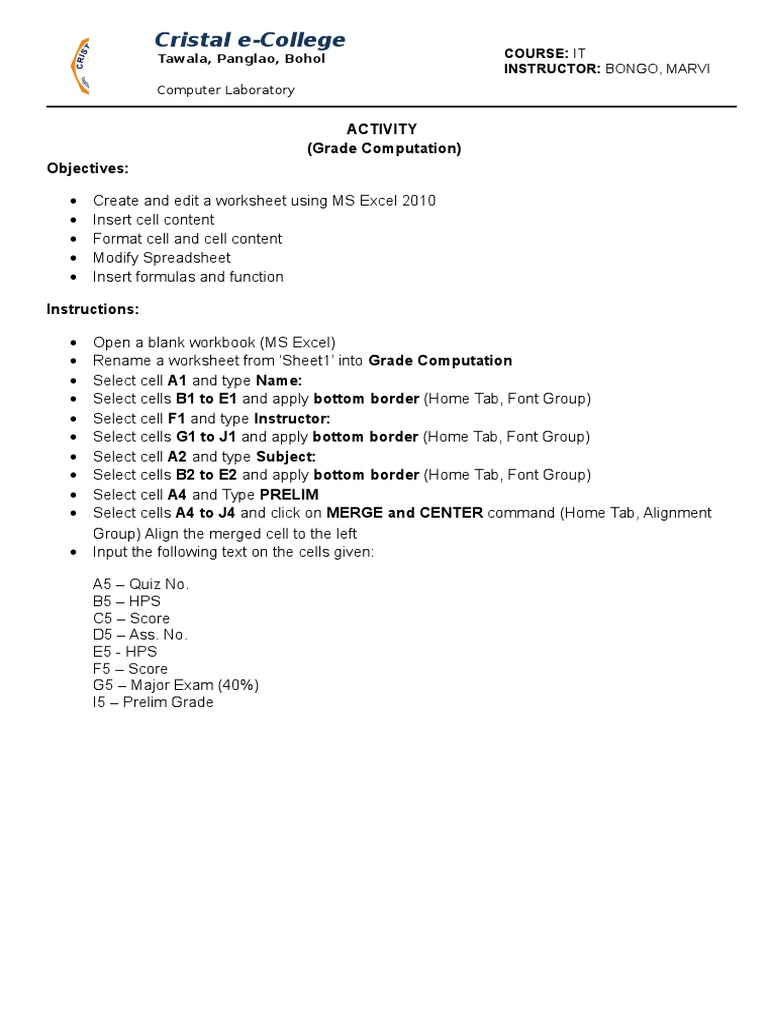 Excel Grade Computation Activity Guide | PDF