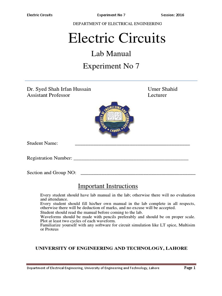 Electric Circuits: Lab Manual Experiment No 7 | PDF | Electrical ...