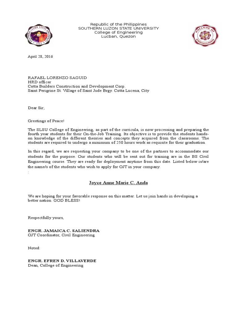 OJT Recommendation Letter | PDF | Cognition | Further Education
