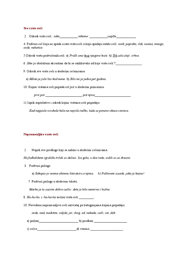 Sve Vrste Reči Test | PDF