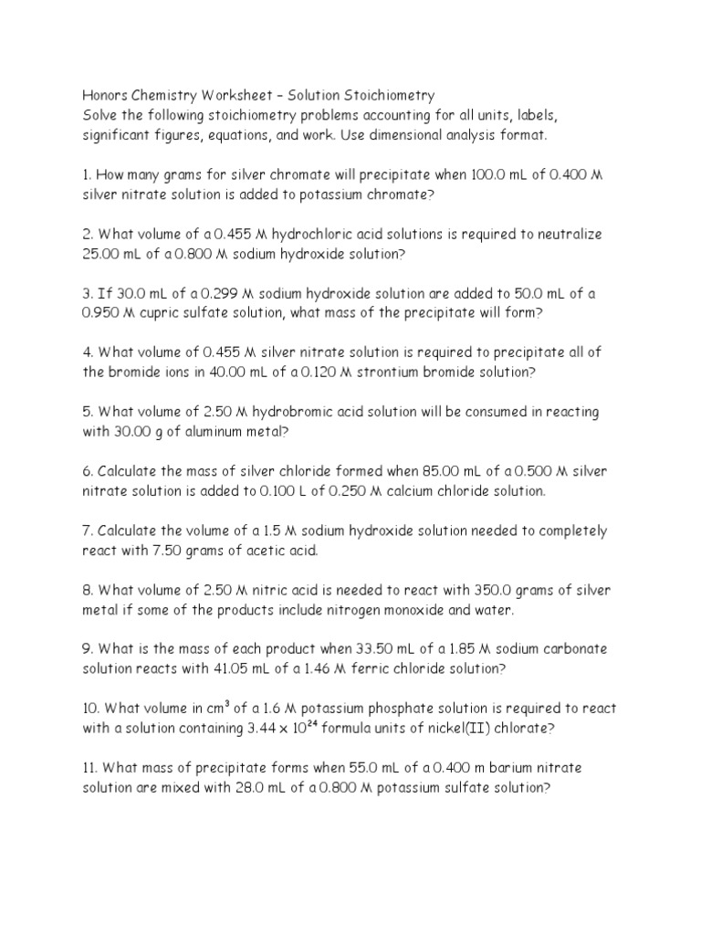 Honors Chemistry WKSHT Solution Stoichiometry With Some ANSWERS | PDF ...