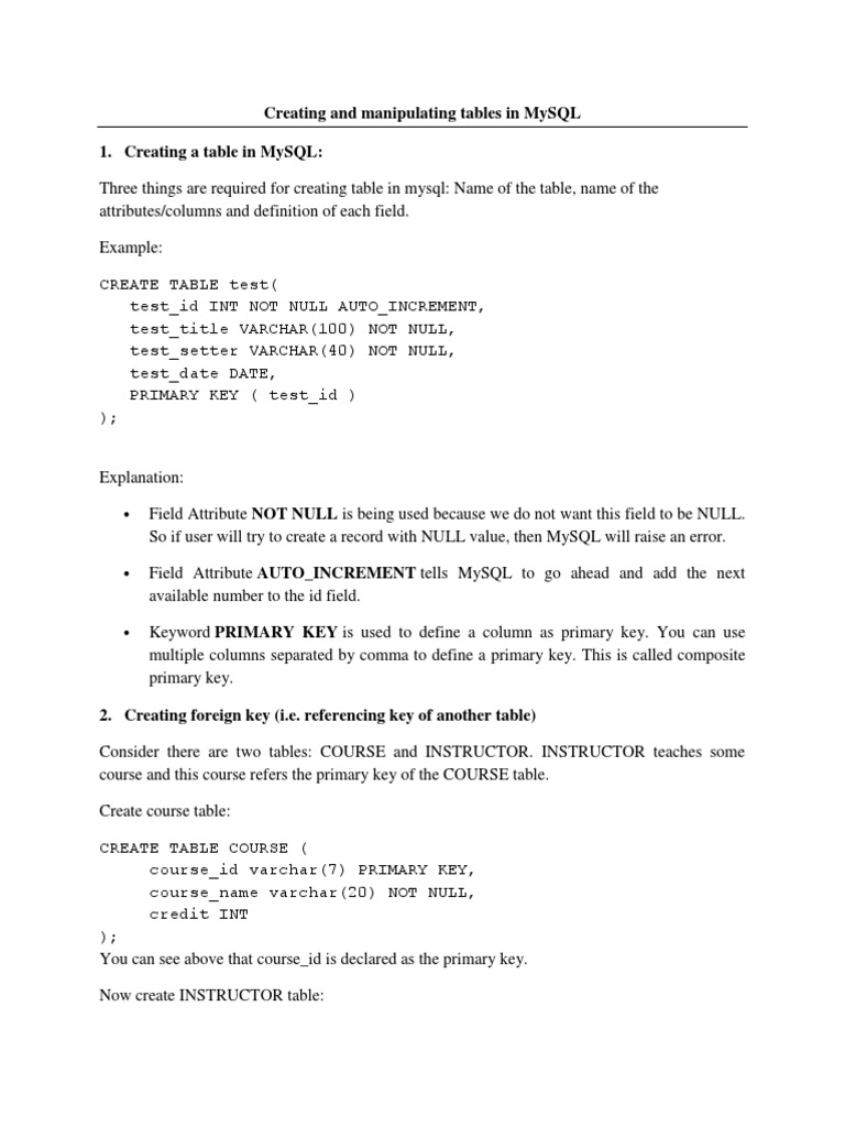Creating and Manipulating Tables in Mysql 1. Creating A Table in Mysql ...