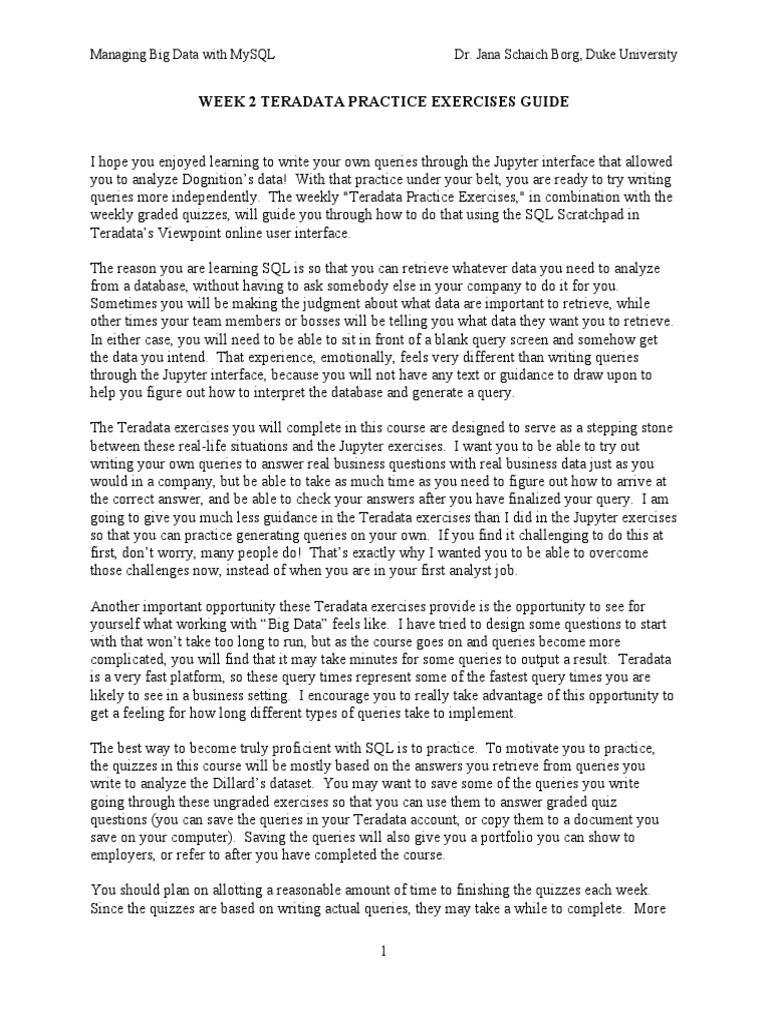 Week 2 Teradata Practice Exercises Guide | PDF | Sql | Databases