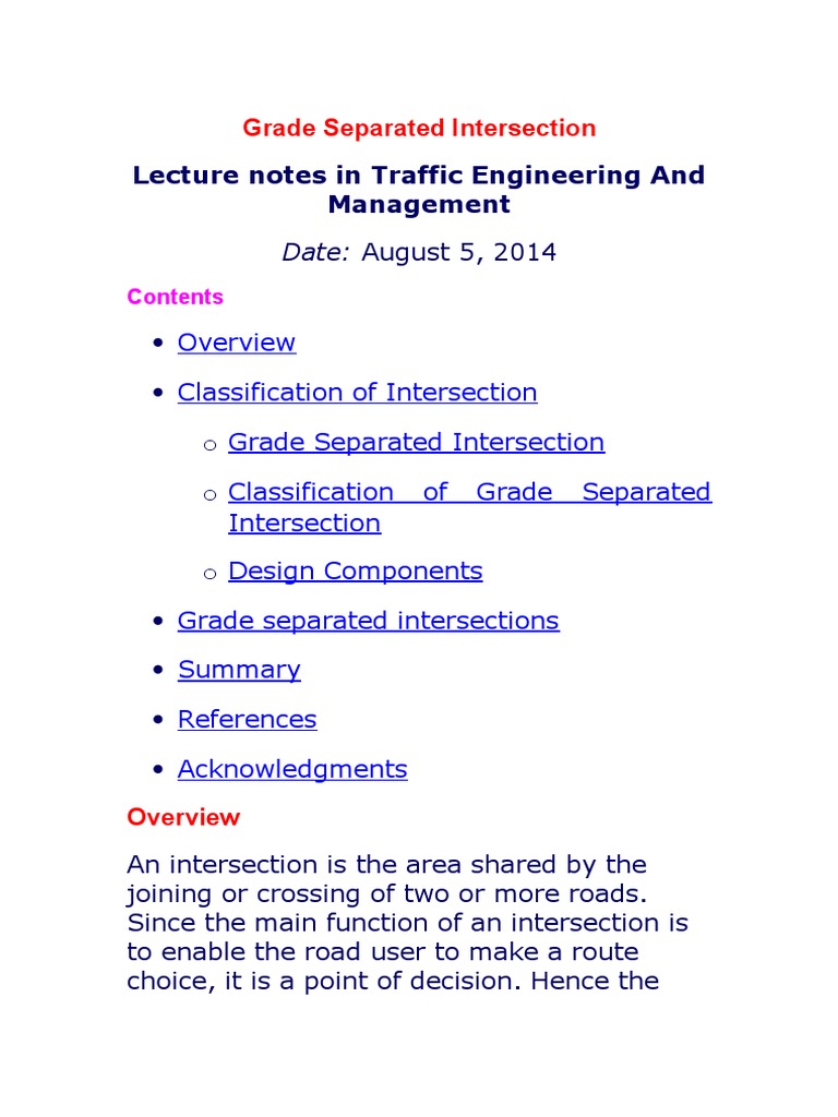 Lecture Notes in Traffic Engineering and Management: Grade Separated ...