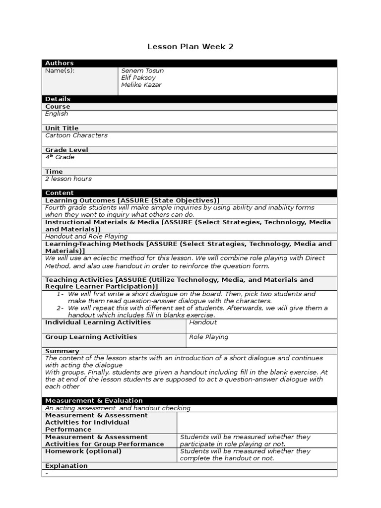 Lesson Plan Week 2 | PDF | Lesson Plan | Education Theory