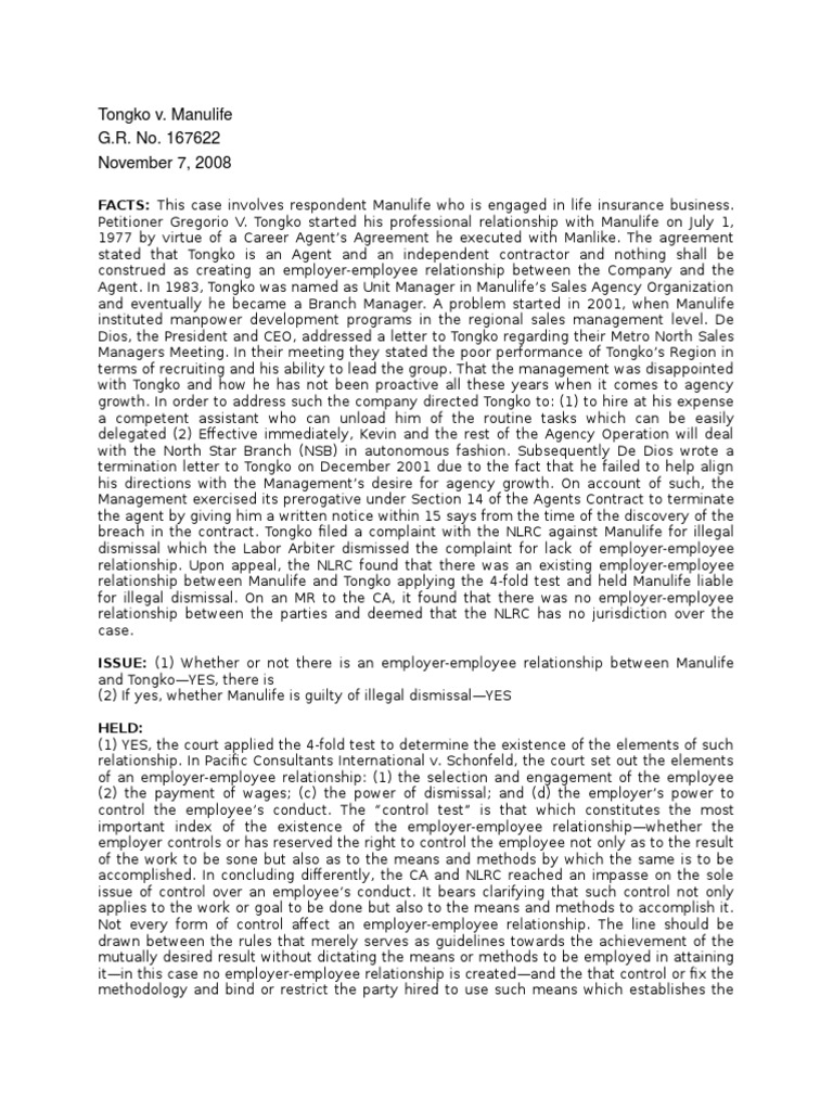 Tongko v. Manulife Case Digest | PDF | Regulatory Compliance | Employment