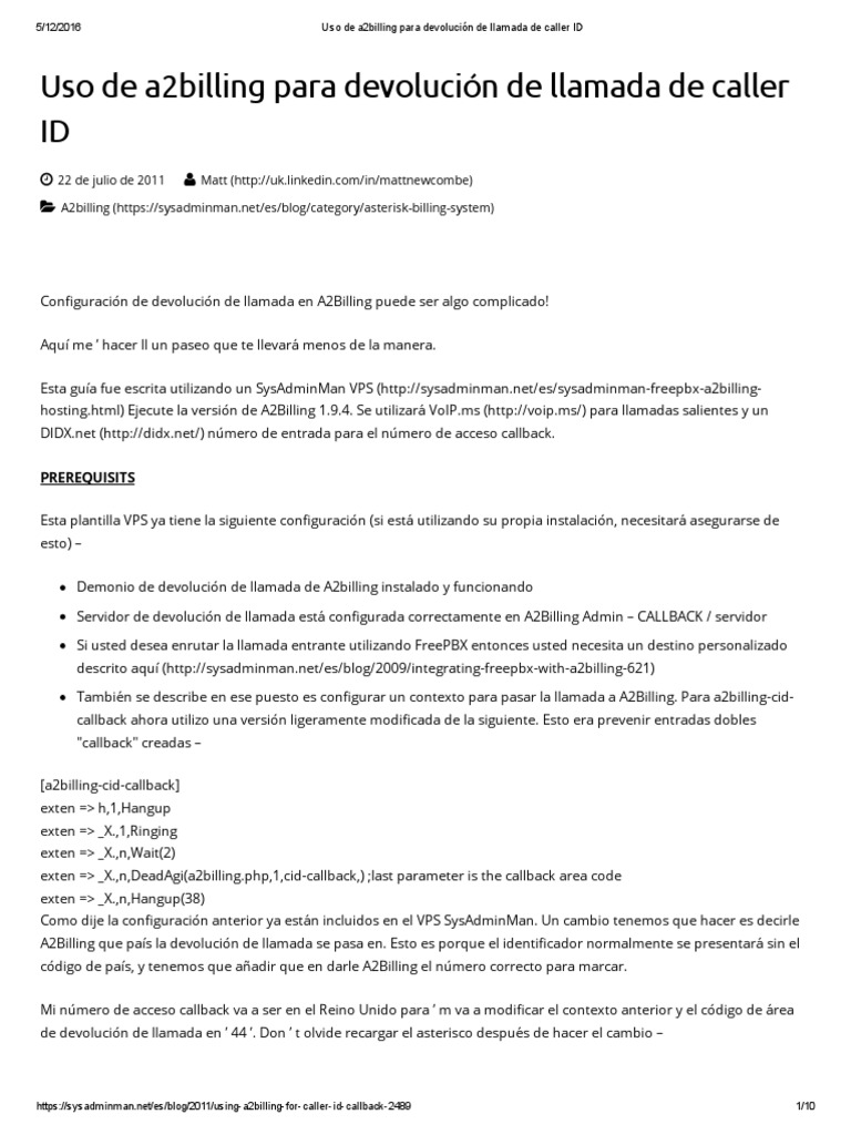 Uso De A2billing Para Devolución De Llamada De Caller Id Pdf Devolución De Llamada 