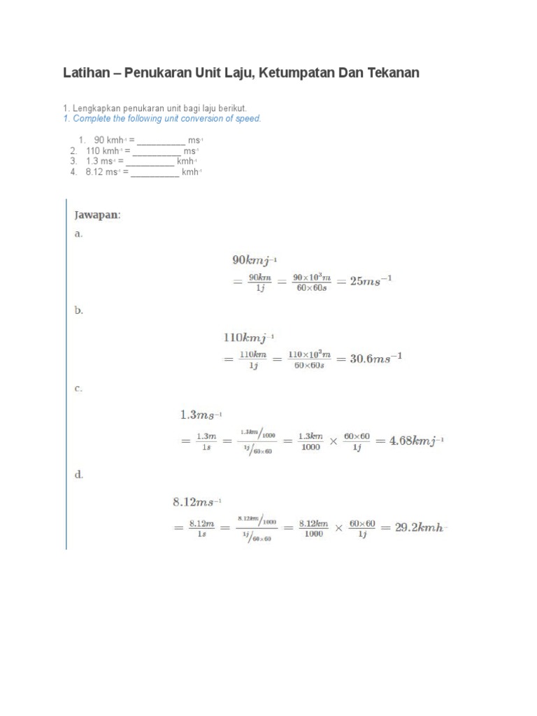 Latihan Fizik - Penukaran Unit Laju, Ketumpatan Dan Tekanan | PDF