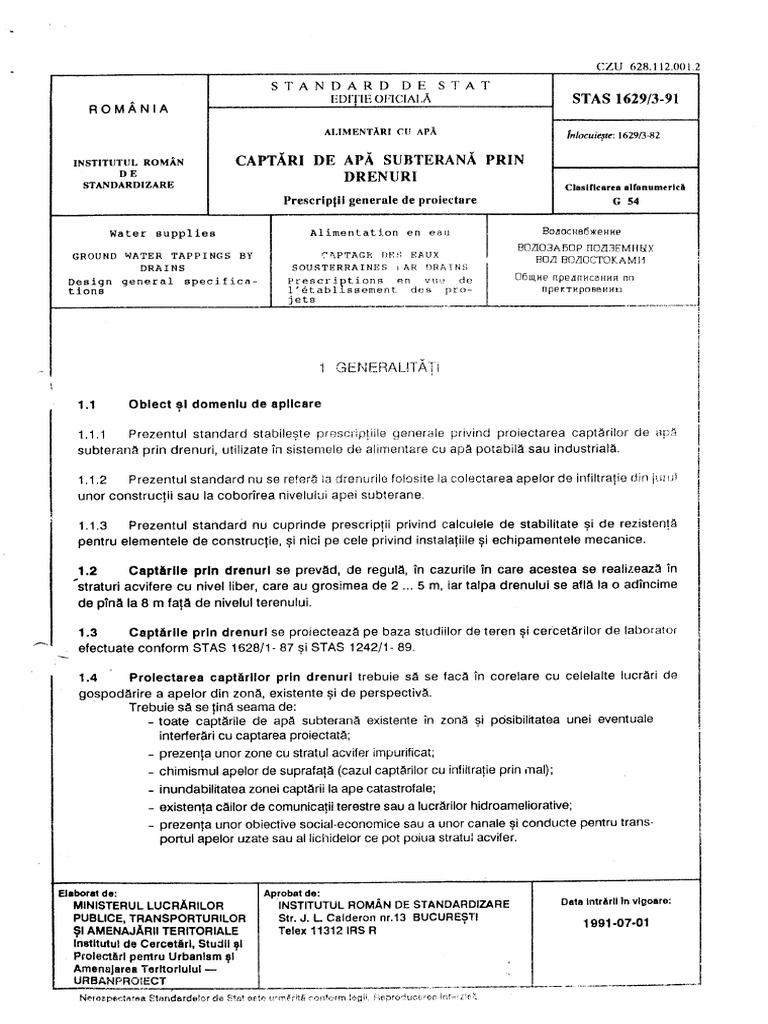 STAS 1629-3-91 Captari de Apa Subterana Prin Drenuri | PDF