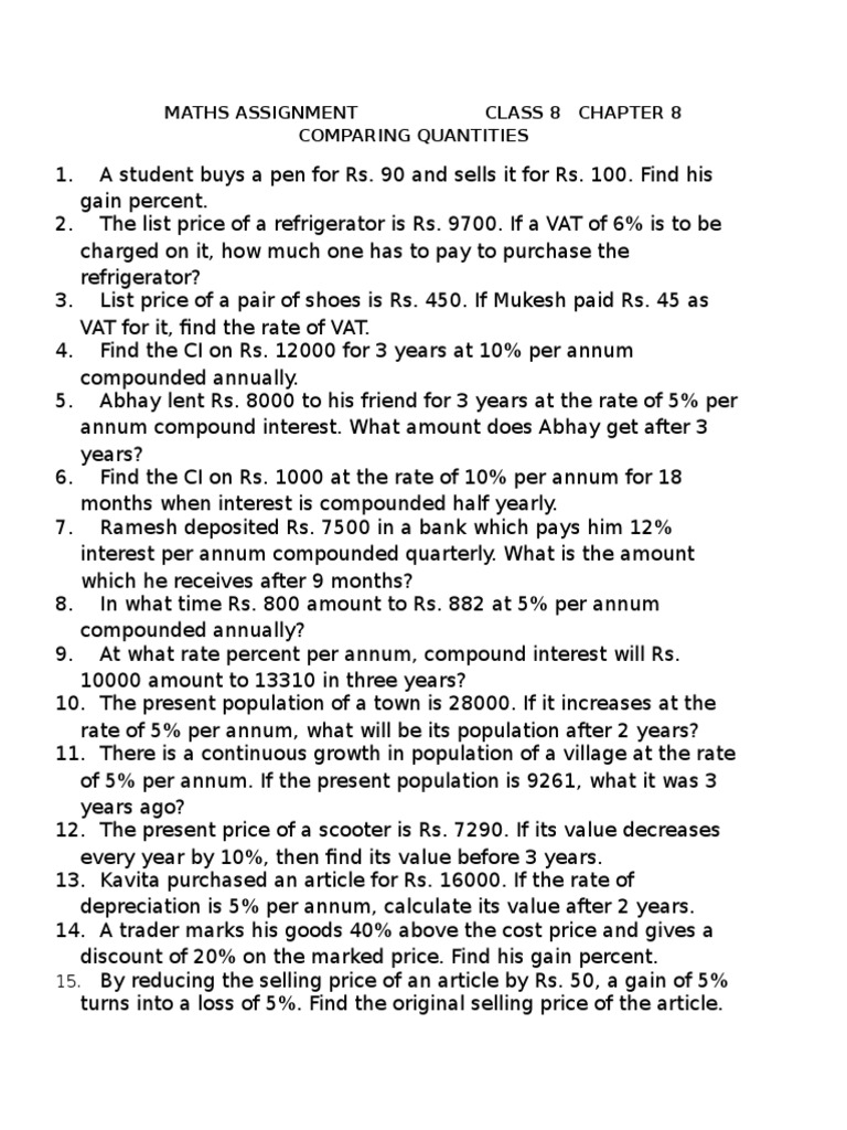 Comparing Quantities Assignment Class 8 Maths CBSE | PDF | Percentage ...