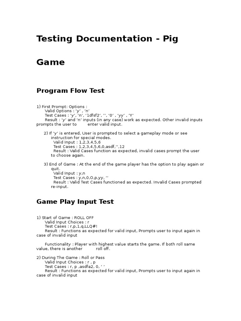 Testing Documentation - Pig Game: Program Flow Test | PDF
