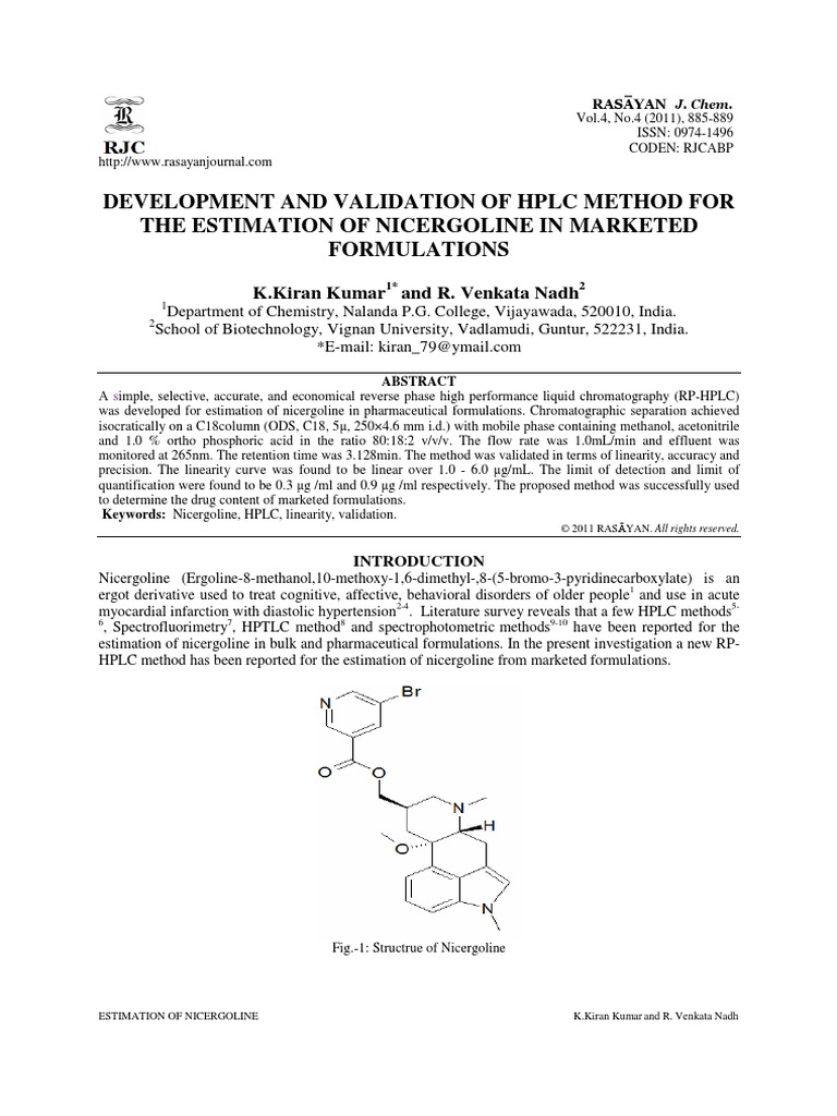 Development and Validation of HPLC Method For The Estimation of Nicergoline in Marketed ...