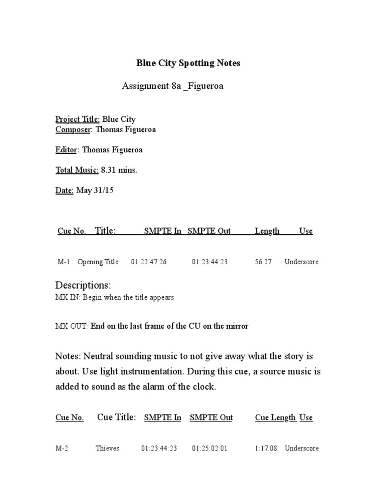 Assignment 8a - Figueroa: Blue City Spotting Notes | PDF | Sound ...