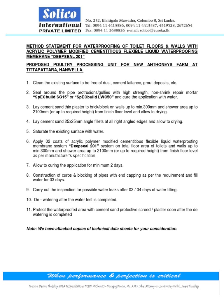 Method Statement For Waterproofing of Toilets | PDF | Plaster | Mortar ...