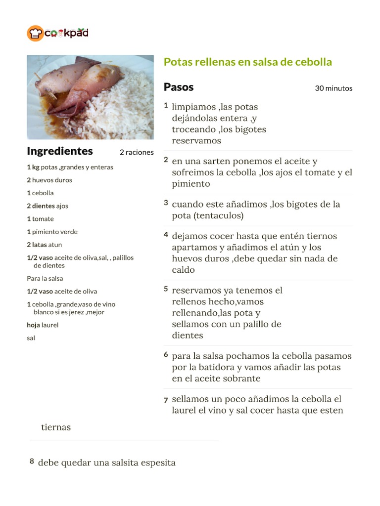 Potas Rellenas en Salsa de Cebolla Receta de Marrongal - Cookpad | PDF