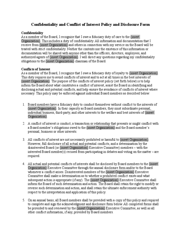 Sample Confidentiality and Conflict of Interest Policy and Disclosure ...