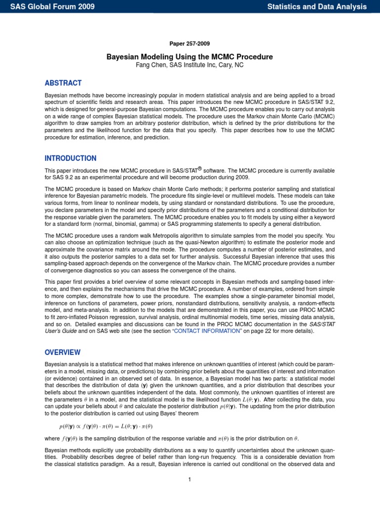 Bayesian Modeling Using The MCMC Procedure | PDF | Bayesian Inference | Statistical Inference