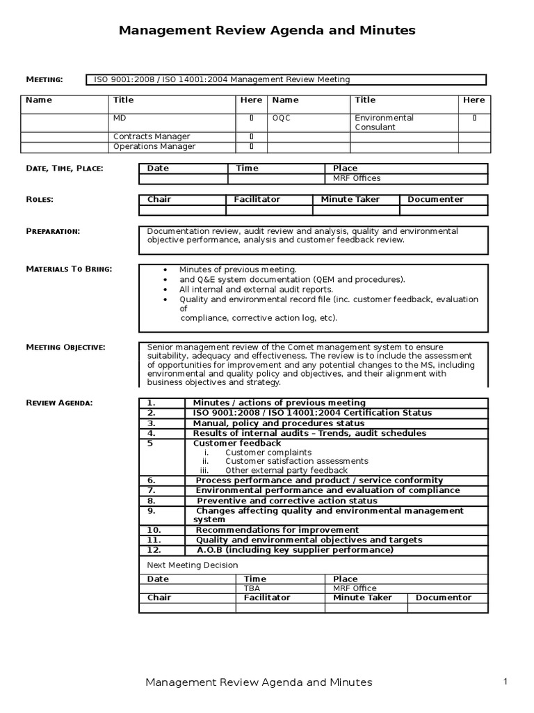 Management Review Agenda and Minutes1 | Iso 9000 | Audit