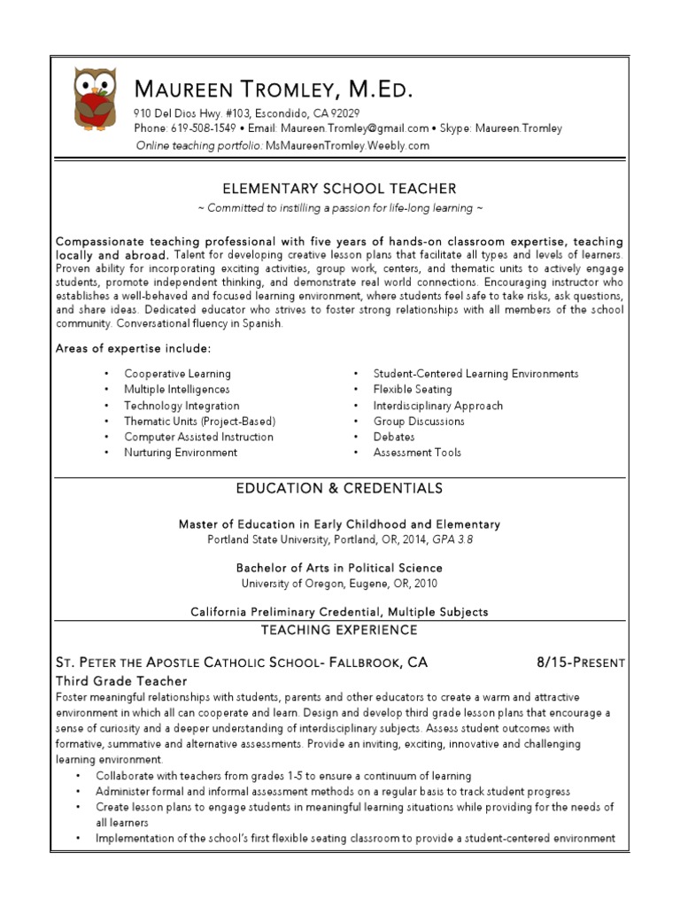 Maureen Tromley Resume 2017 | PDF | Lesson Plan | Project Based Learning