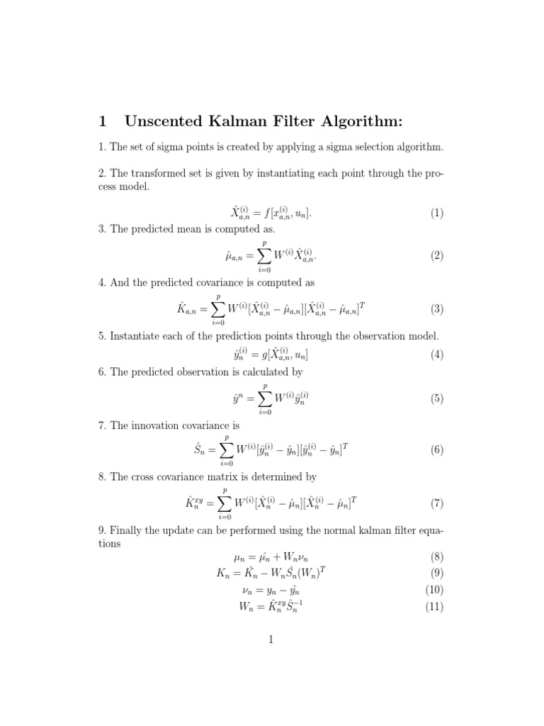 1 Unscented Kalman Filter Algorithm:: (I) A, N (I) A, N N | PDF ...