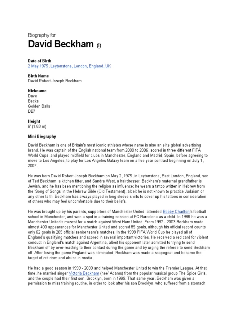 Biography For David Beckham | PDF | David Beckham | Sports