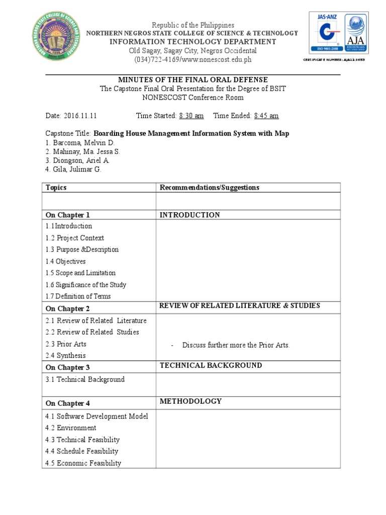Minutes of The Final Oral Defense: Information Technology Department | PDF