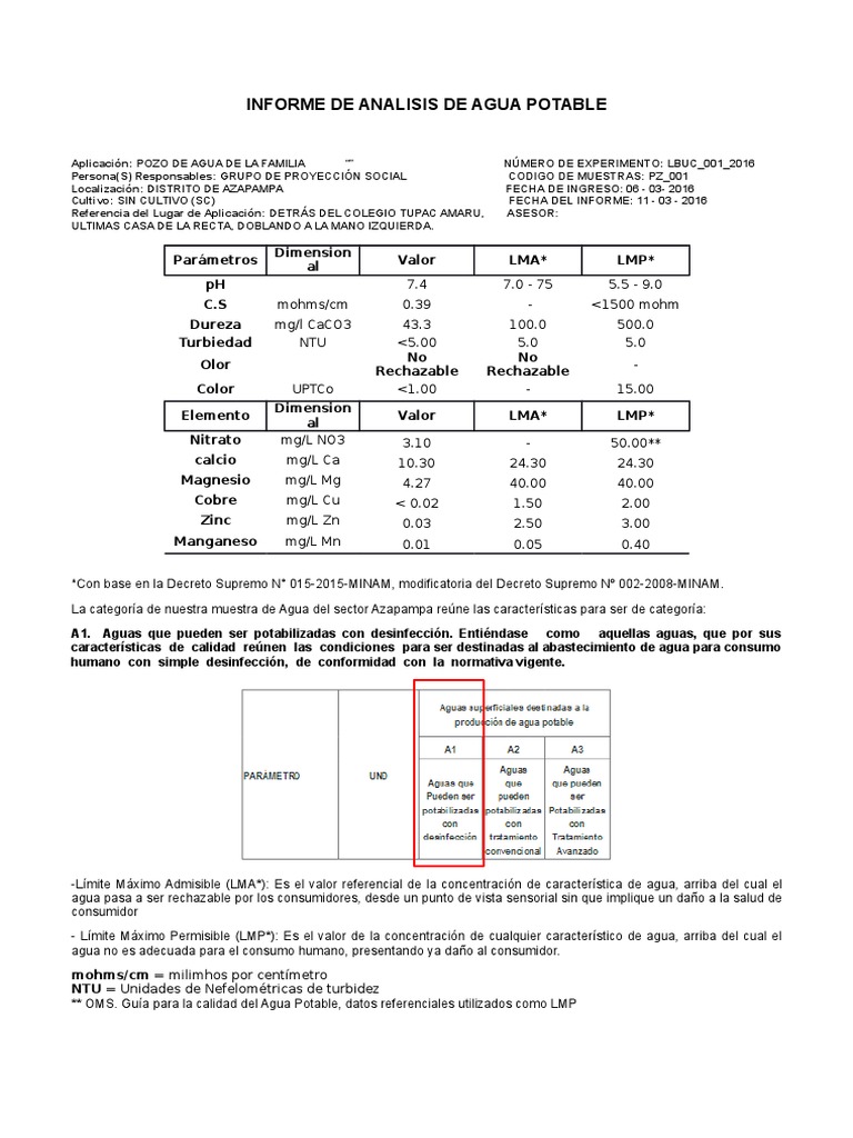 Informe de Analisis de Agua Potable Resultados Cuadros | PDF | Calidad del agua | Agua