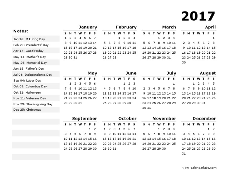 2017 Year Calendar Template Us Holidays 02 | PDF