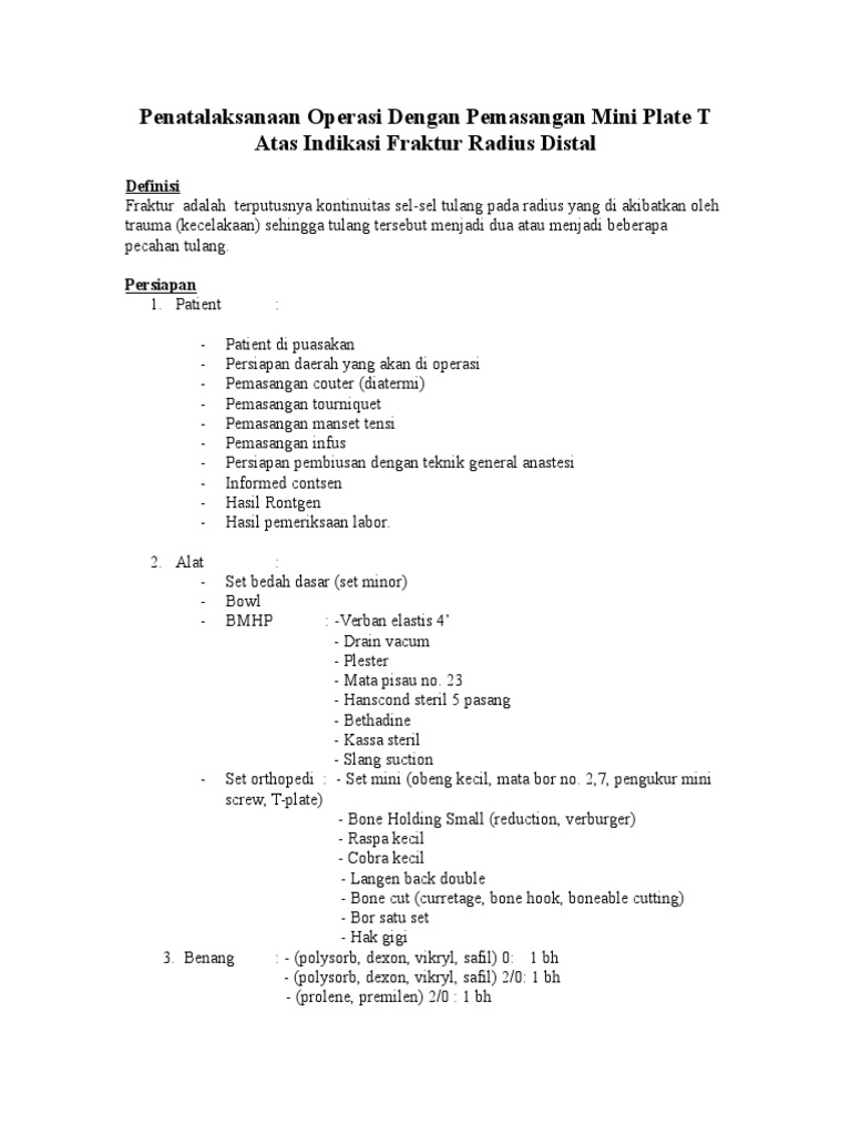 Penatalaksanaan Operasi Dengan Pemasangan Mini Plate T Atas Atas ...