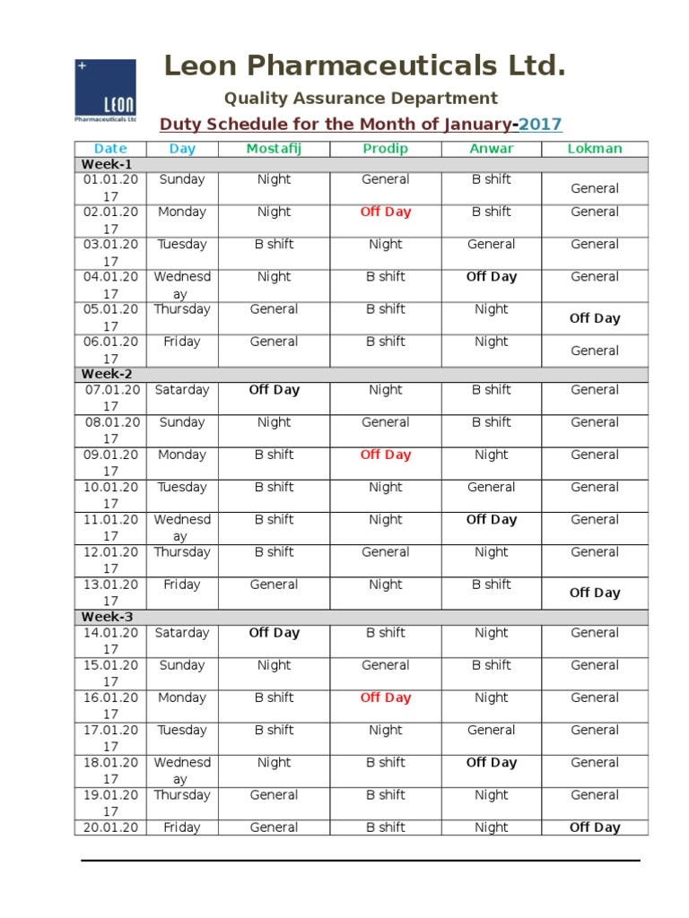 Duty Schedule of January 2016 | PDF