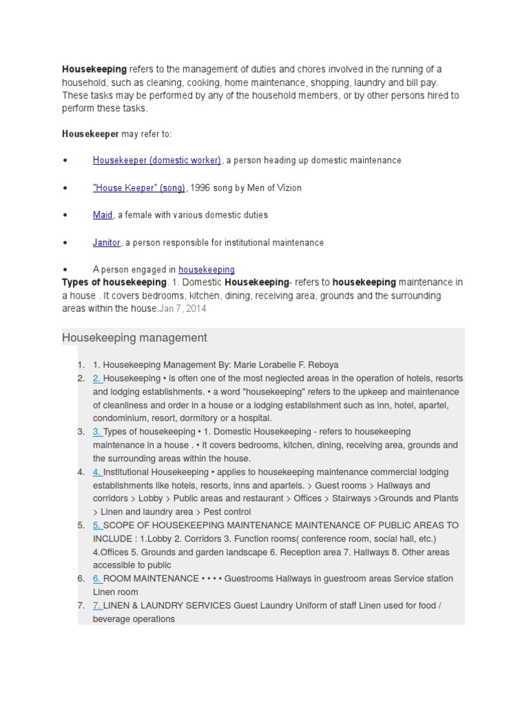 Housekeeping Management: Housekeeping Refers To The Management of Duties and Chores Involved in ...