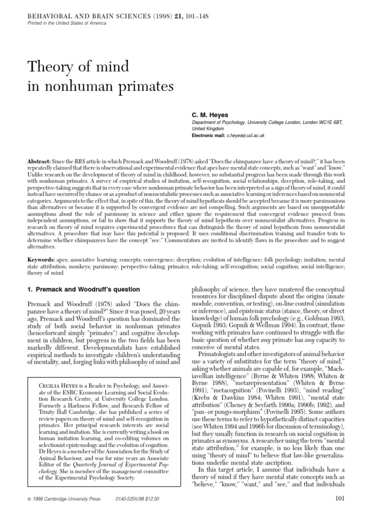 Theory of Mind in Nonhuman Primates: C. M. Heyes | PDF | Imitation ...