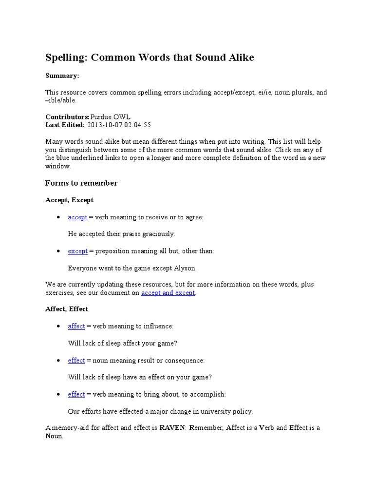 Spelling: Common Words That Sound Alike: Summary | PDF | Noun | Verb